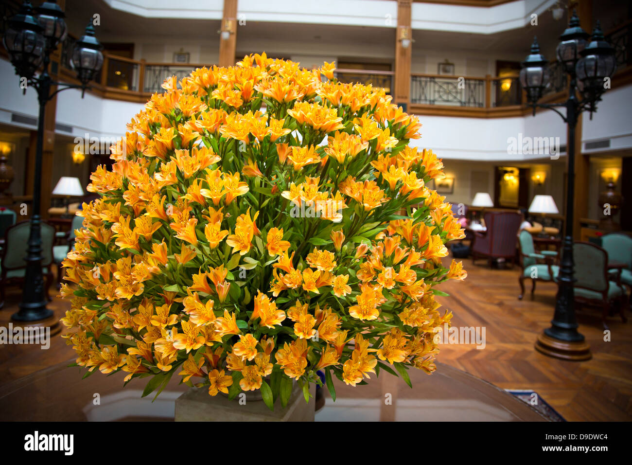 Flower pot on a table at the courtyard of a luxury hotel, Shimla ...