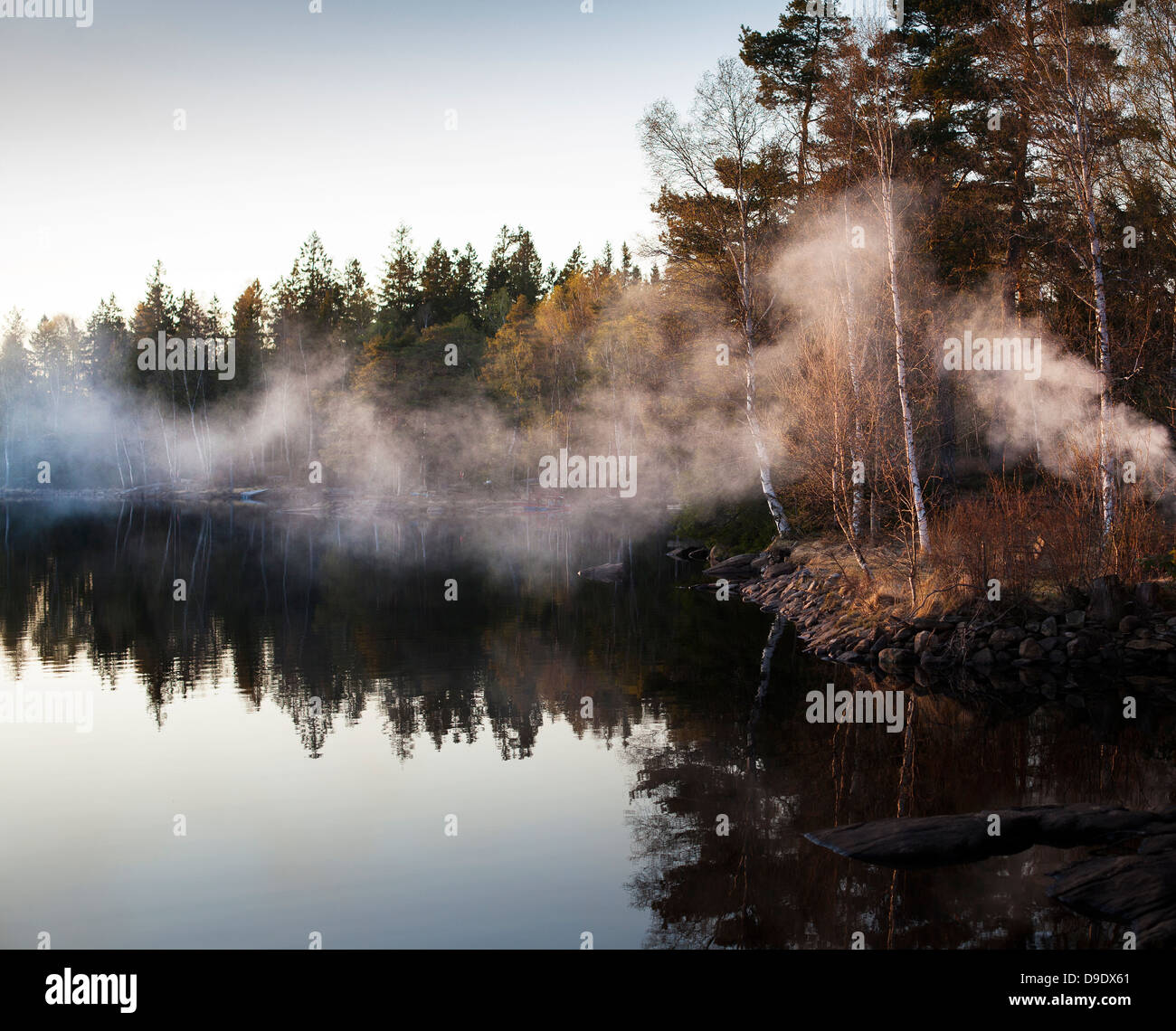 Smoke lingering over a lake Stock Photo - Alamy