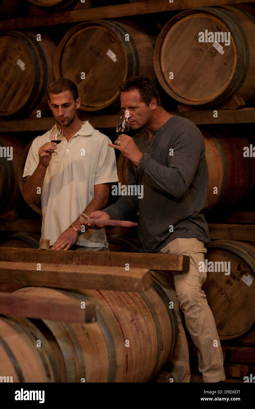 Sampling wine in barrels Stock Photo - Alamy