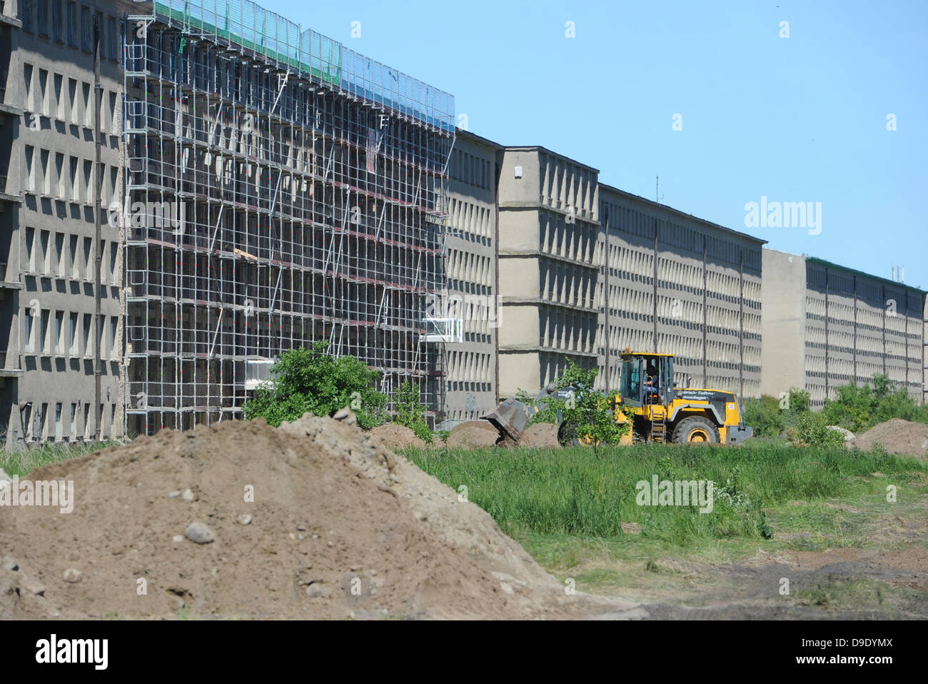 Scaffolding covers the facede of the listed building complex of Prora ...
