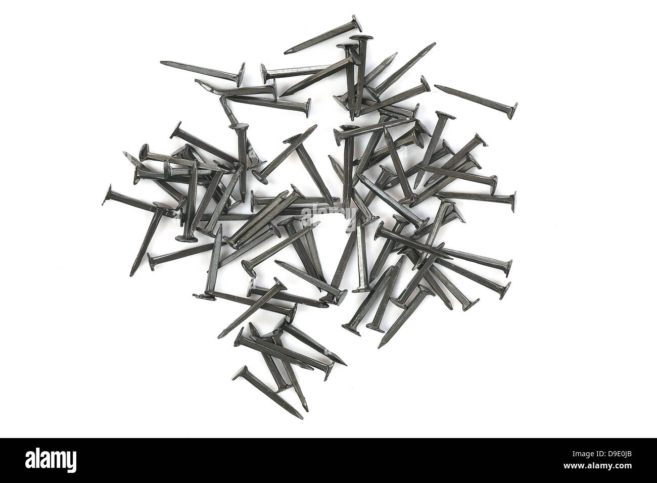 Many small nails on white background Stock Photo - Alamy