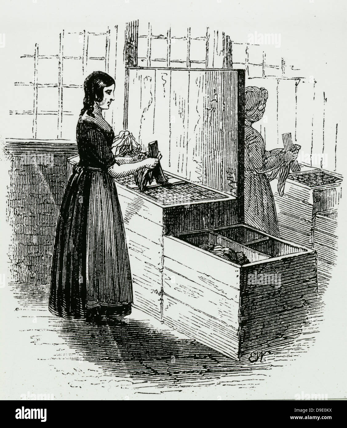 Woman sorting and cutting rags to be turned into paper. Engraving ...