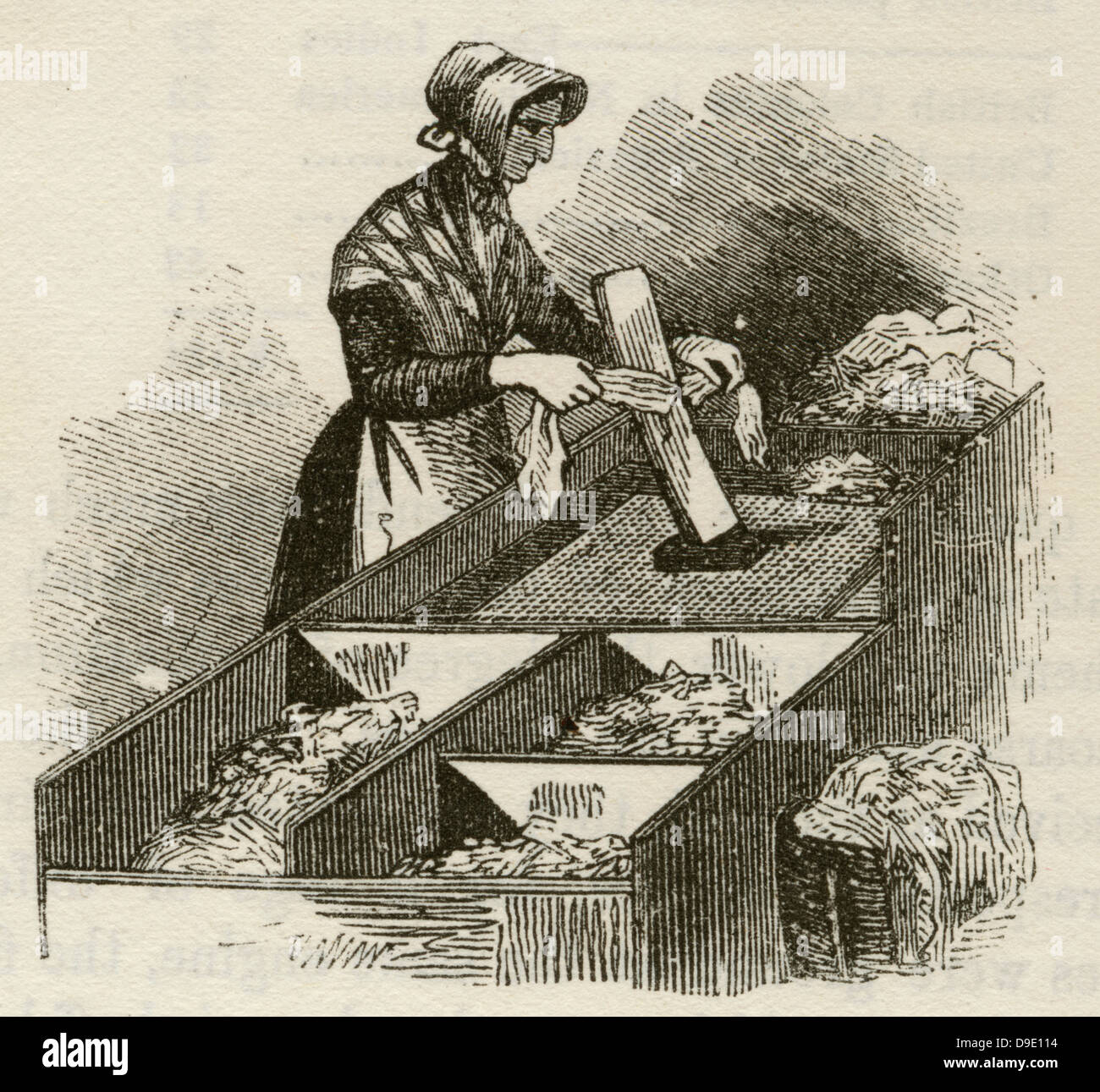 Paper making: Woman cutting and sorting rags. Engraving 1866 Stock ...