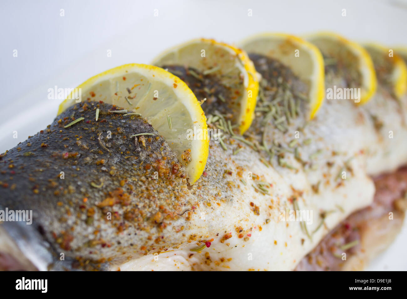 Fresh Pink Salmon prepared for cooking with Lemon and spice Stock Photo ...
