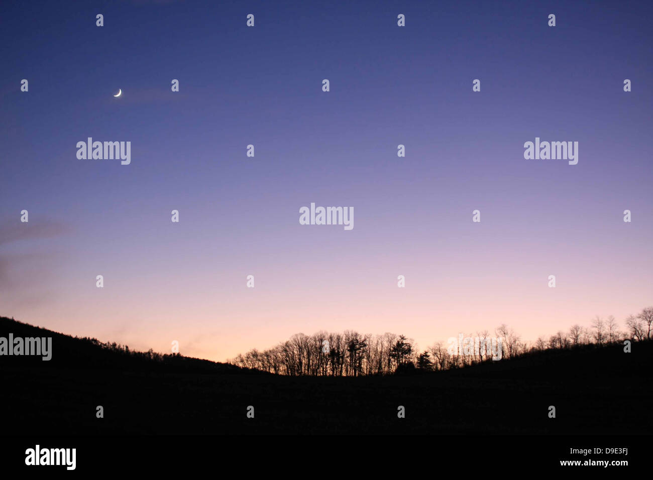 HORIZONTAL, PURPLE BLUE SUNSET OVER MOUNTAIN AND TREES WITH CRESCENT ...