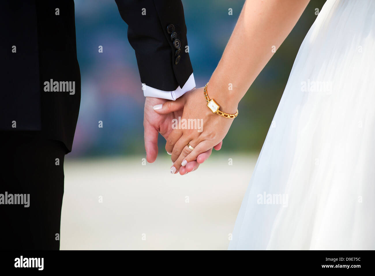 Young married couple holding hands on wedding day Stock Photo - Alamy