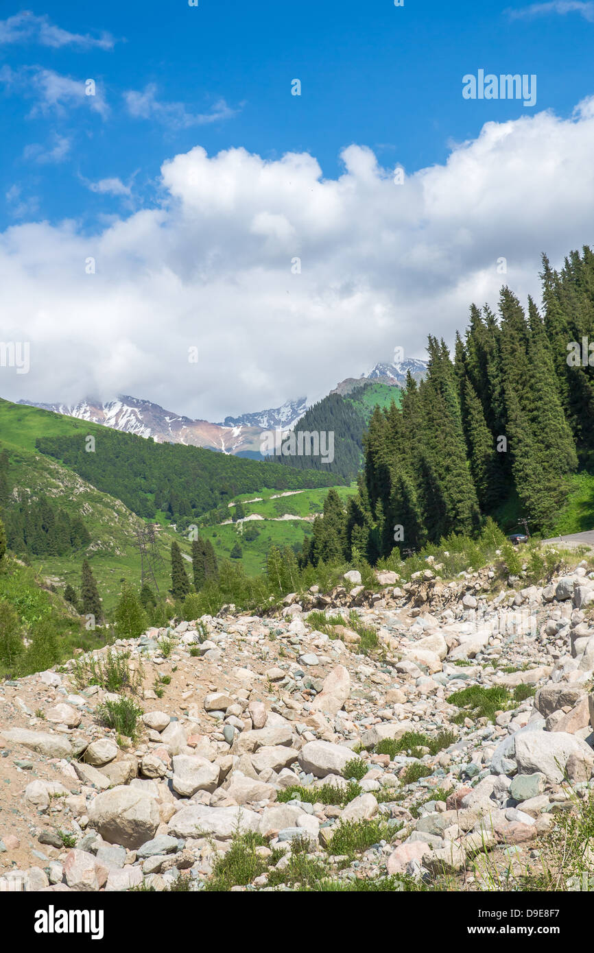 Road on Big Almaty Lake, nature green mountains and blue sky in Almaty ...