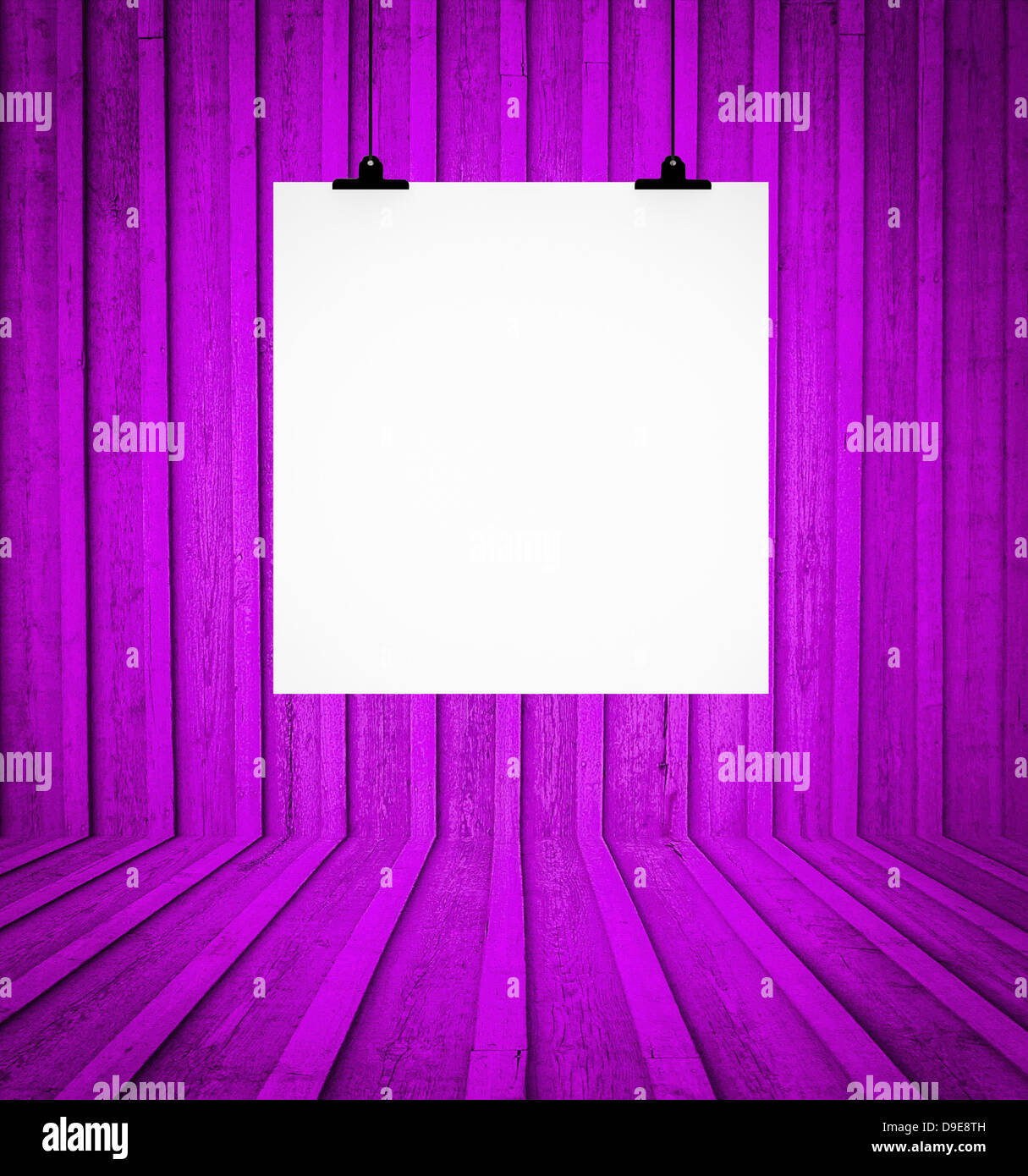 Blank board hanging at wall in purple retro room Stock Photo - Alamy