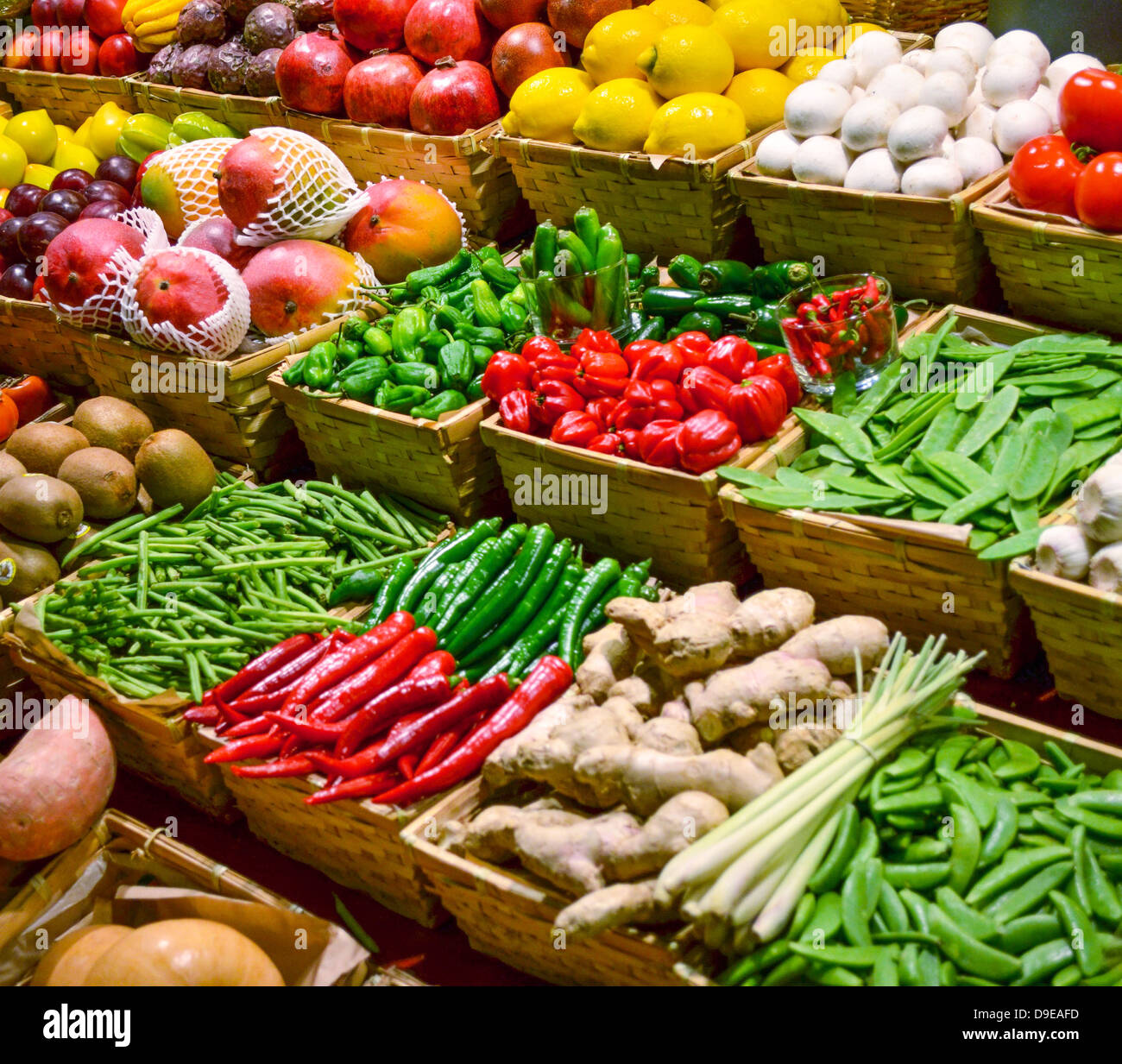 Fruit market with various colorful fresh fruits and vegetables Stock ...