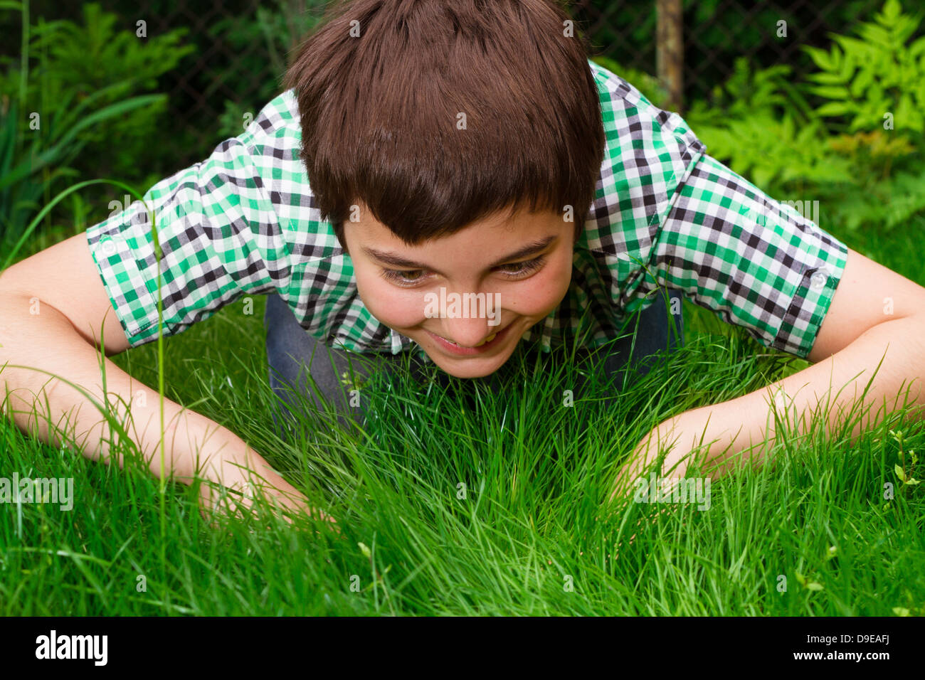 Boy looking for life in grass, in forest Stock Photo - Alamy