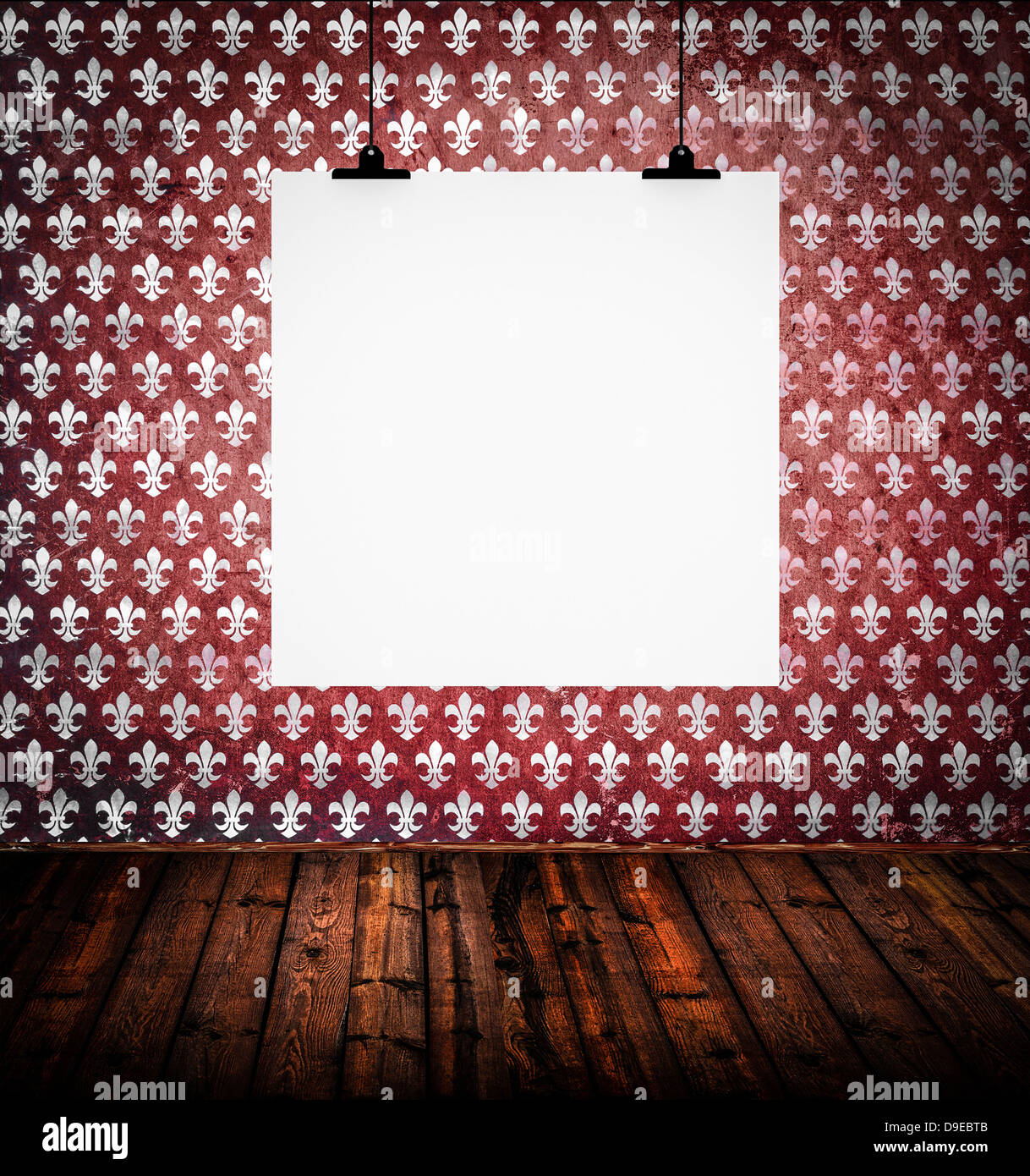 Interior of vintage empty room with white paper hanging on paper clips ...