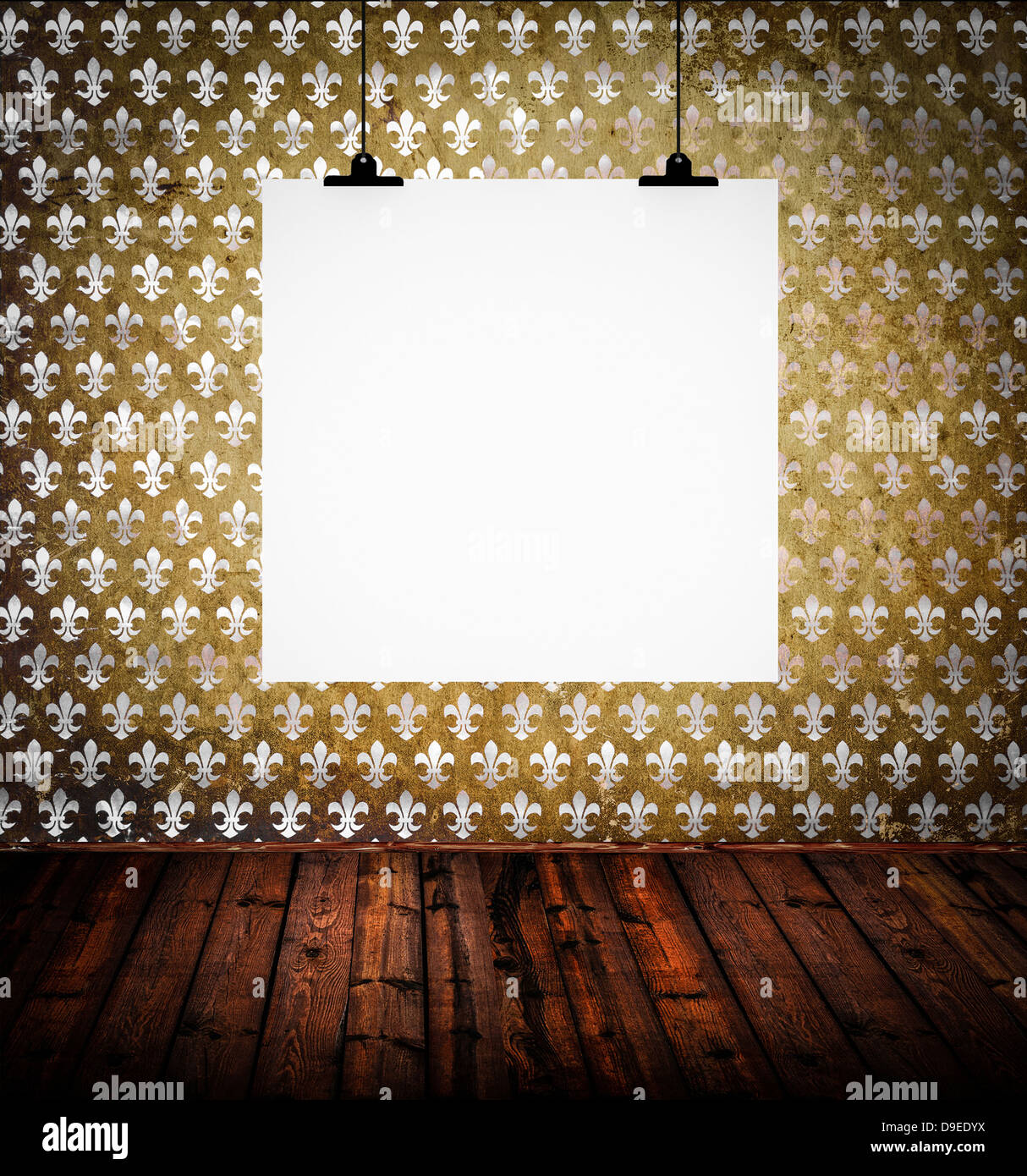 Vintage room interior with blank paper board on wall Stock Photo - Alamy
