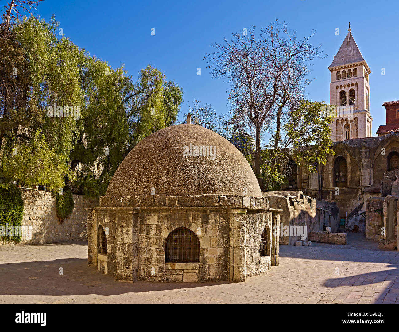 Ethiopian chapel with Tower of the Church of the Redeemer in Jerusalem ...