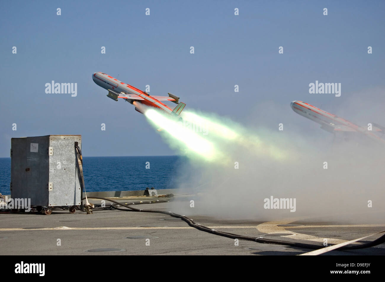 A drone is launched from the amphibious dock landing ship USS Tortuga ...