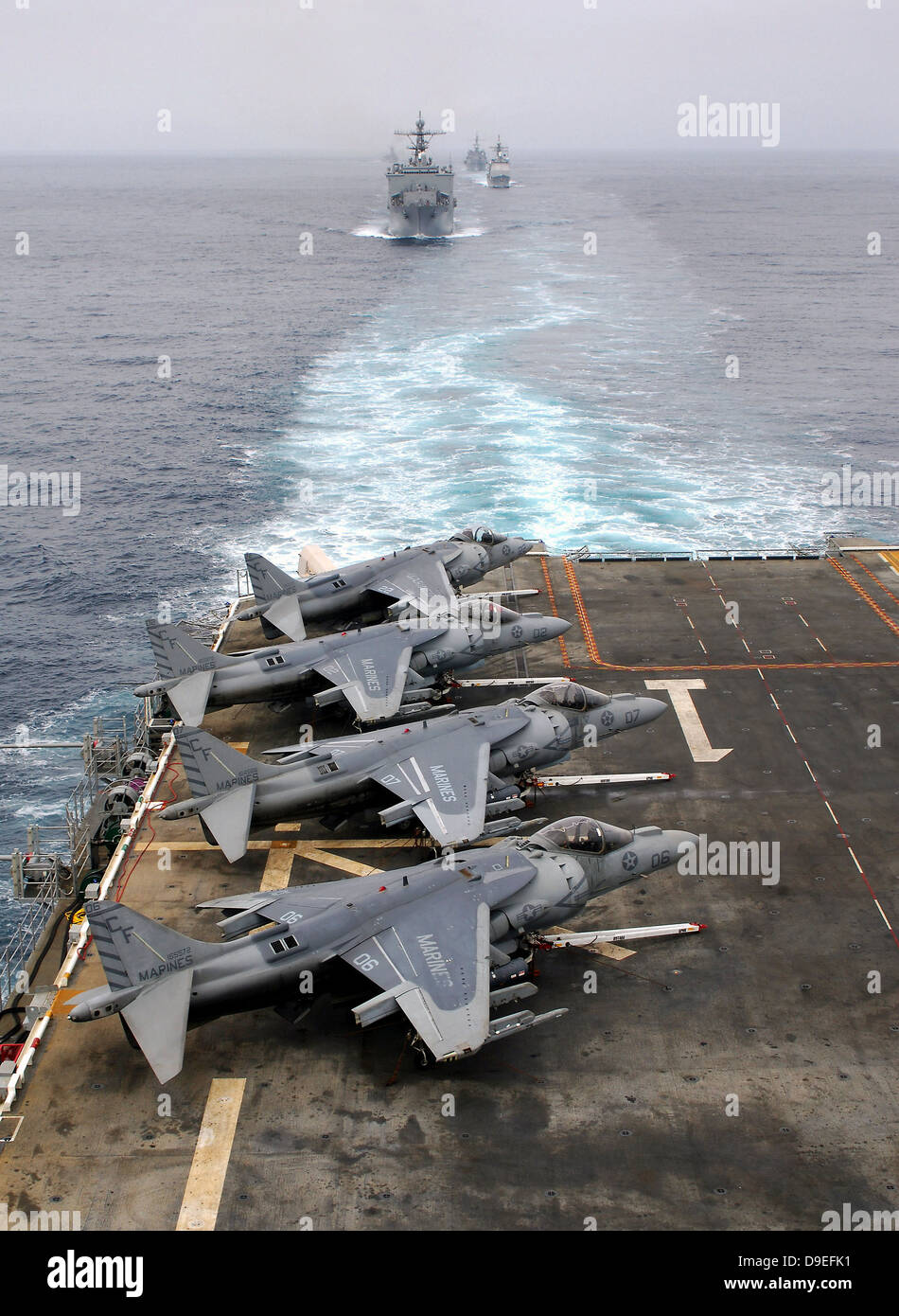 AV-8B Harriers line the flight deck of amphibious assault ship USS ...