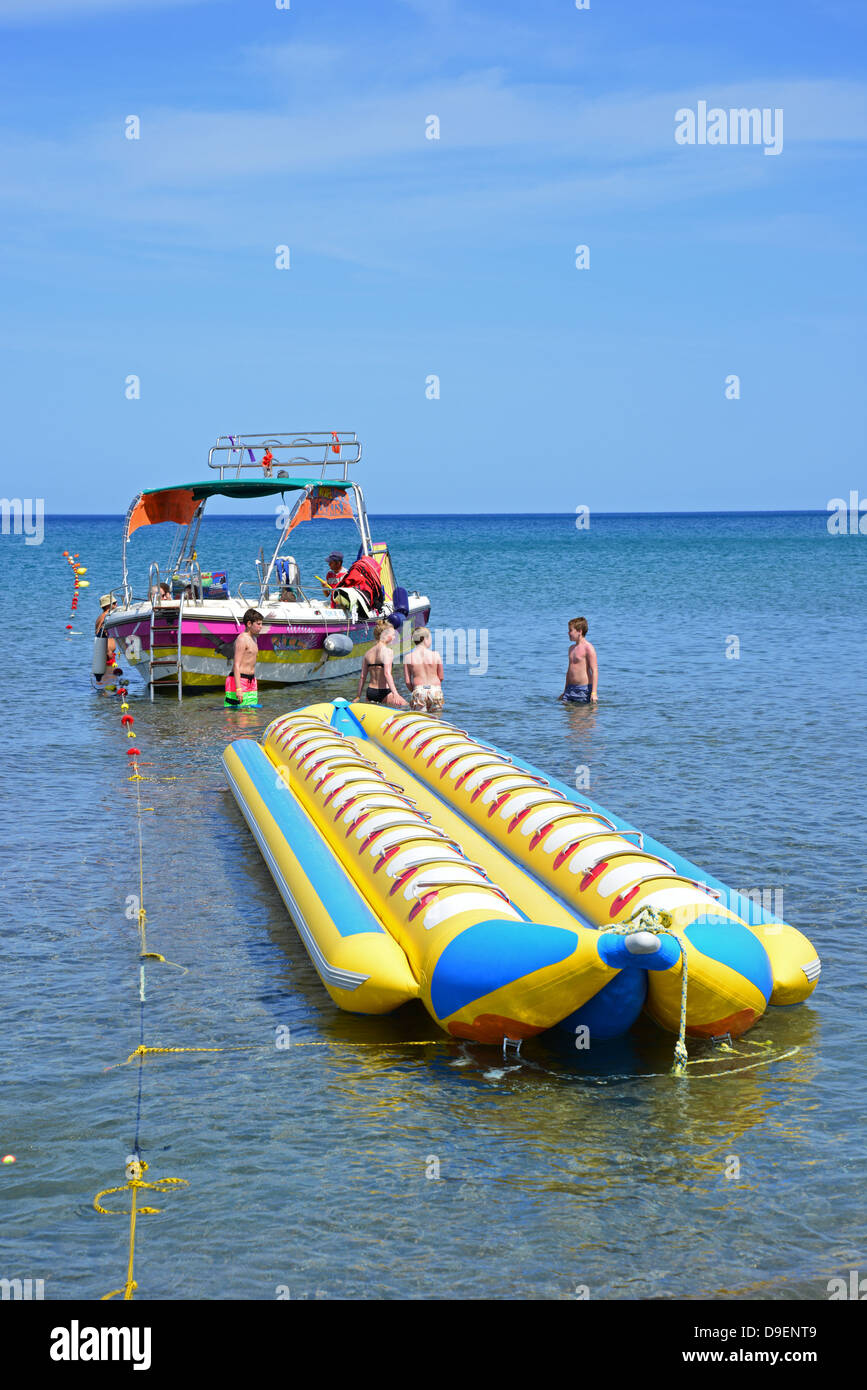 'Banana ride' inflatable on Faliraki Beach, Faliraki, Rhodes (Rodos ...