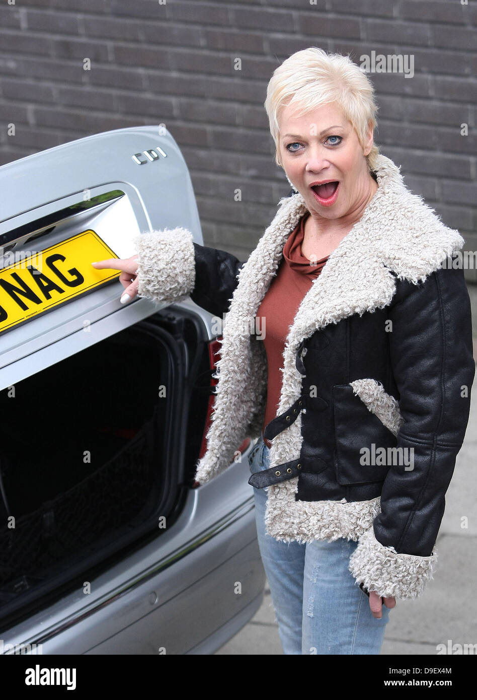 Denise Welch points to a number plate 'NAG' Celebrities outside the ITV ...