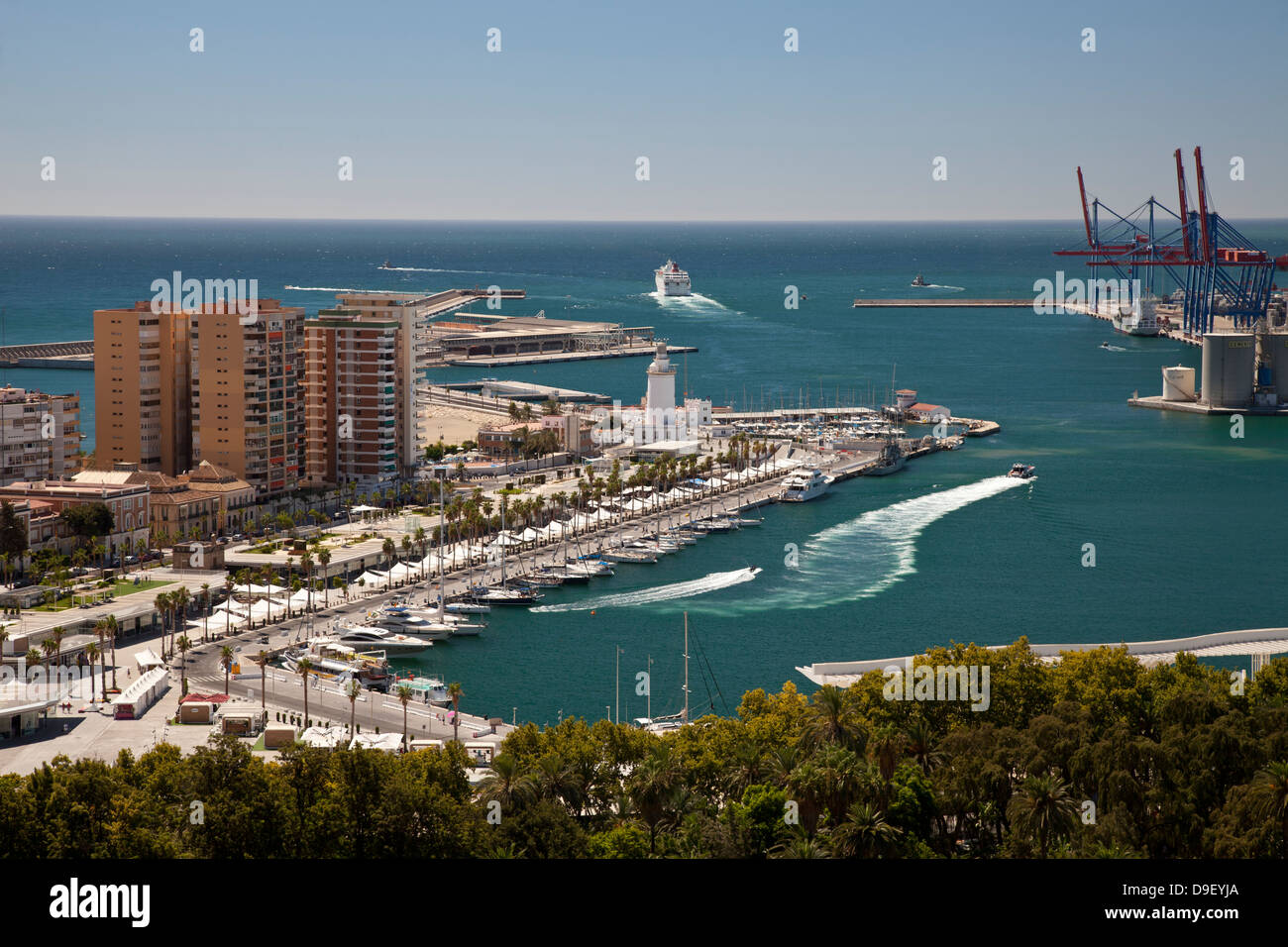 View from the Monte de Gibralfaro over the harbour, Málaga, Andalusia ...