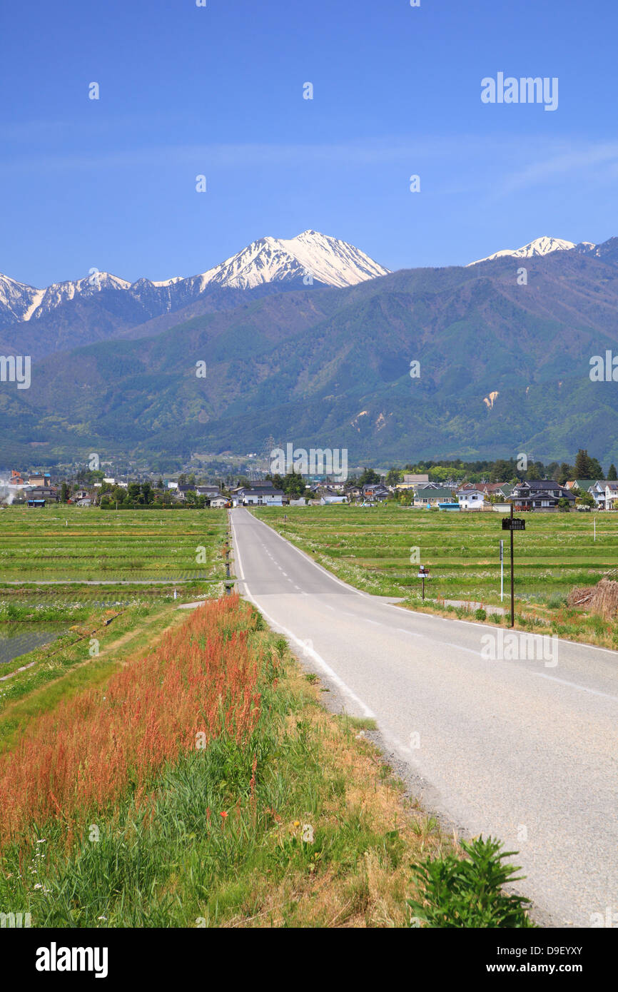 Straight road to the mountain in Azumino city, Nagano, Japan Stock ...