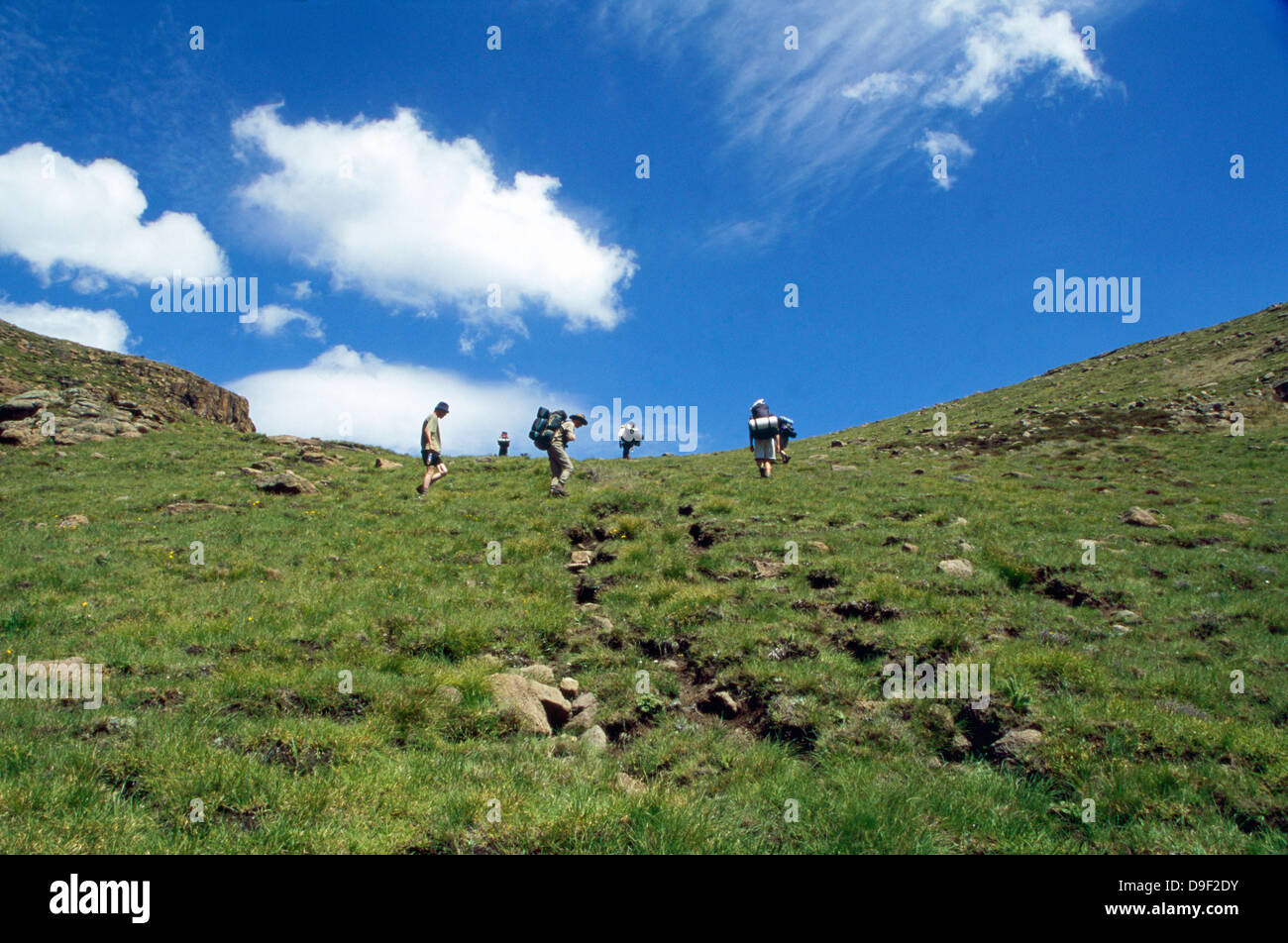 Climbing a ridge behind Cleft Peak on the top of the Drakensberg ...