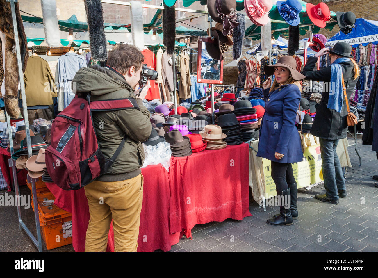 England, London, Shoreditch, Spitafields Market, Hat Stall Stock Photo ...
