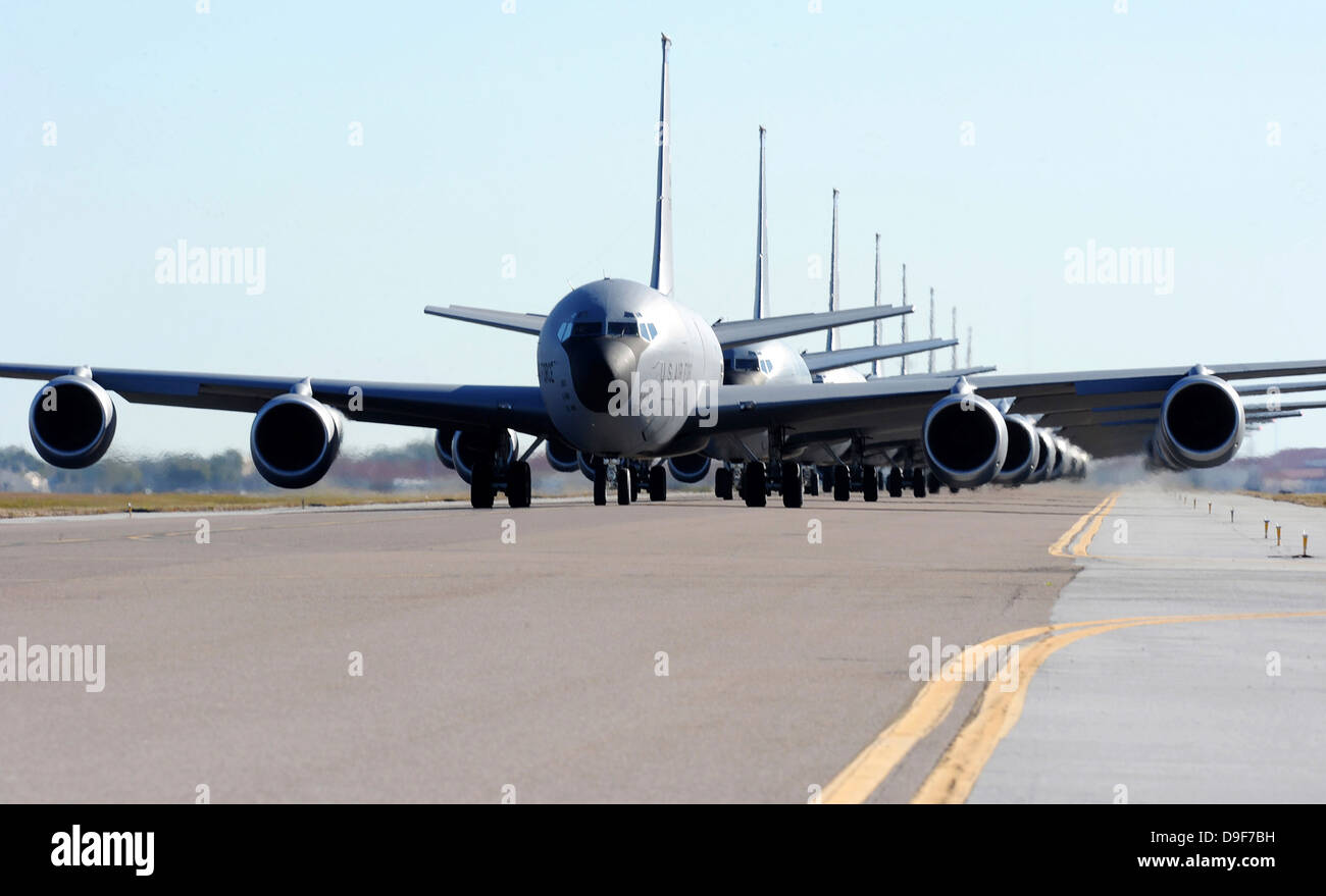 KC-135 Stratotankers in Elephant Walk formation on the runway Stock ...