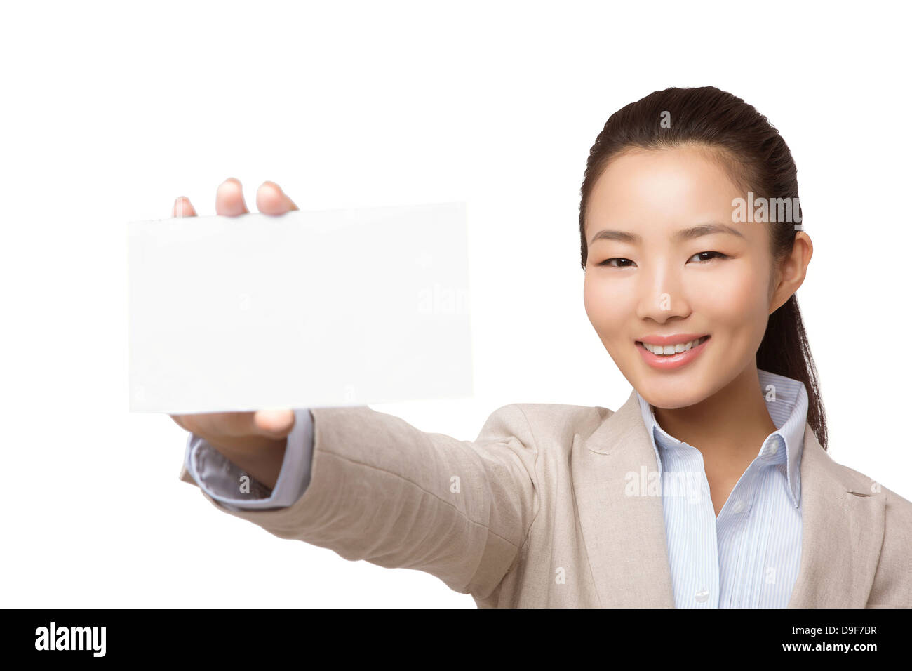 young business woman showing a card Stock Photo - Alamy
