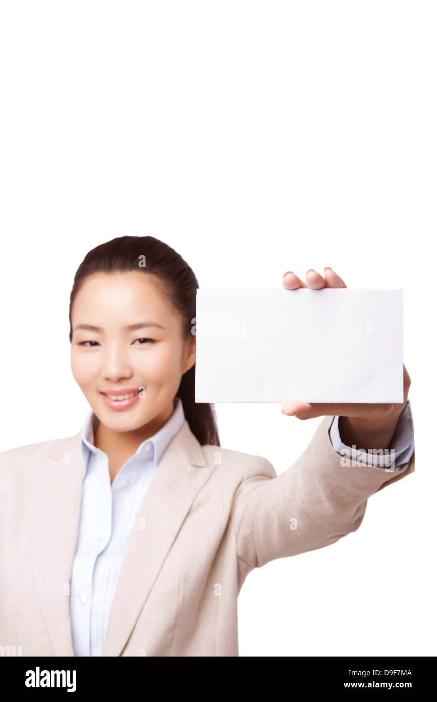 young business woman showing a card Stock Photo - Alamy