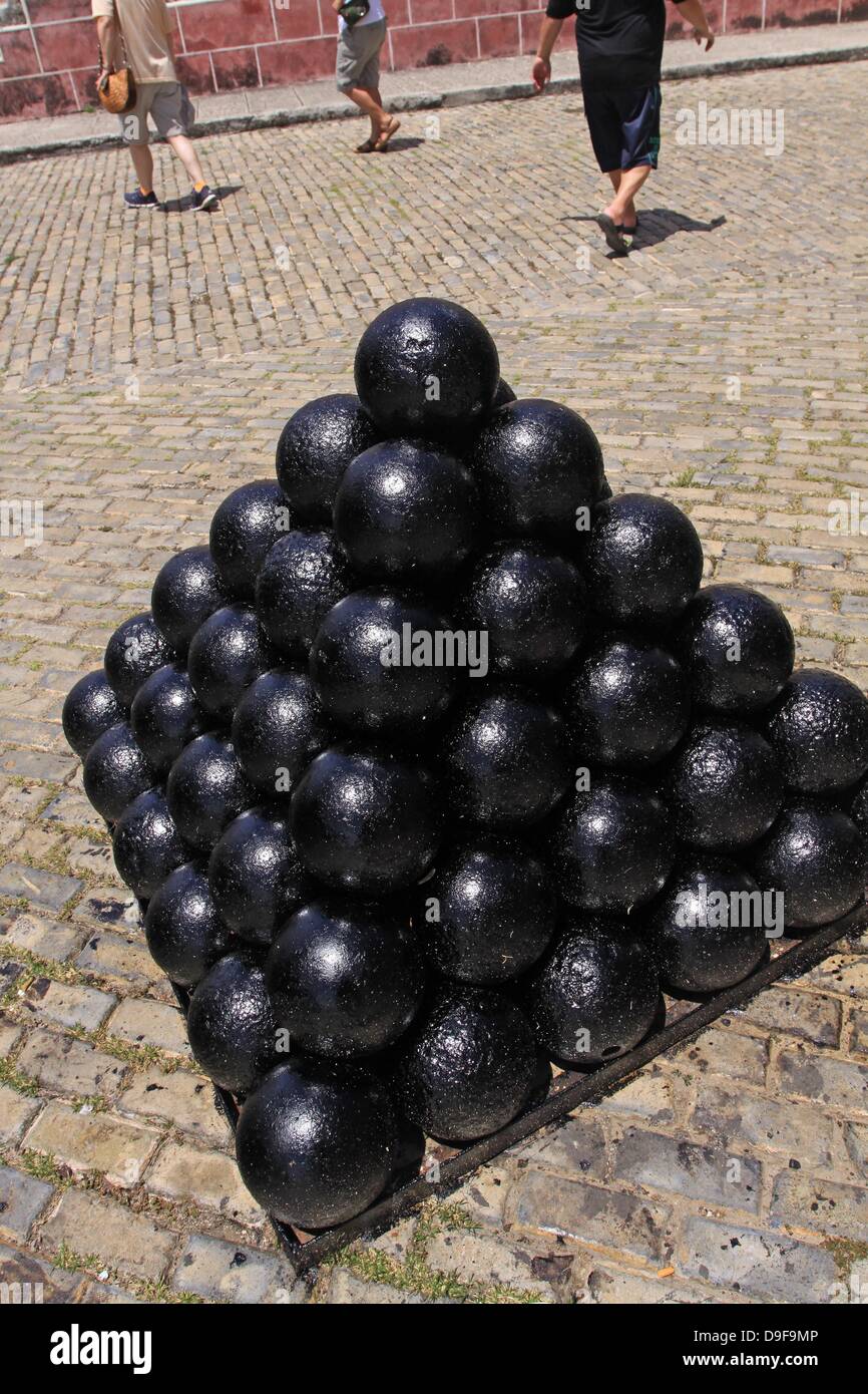 Cannonballs have been stacked to form a pyramid at fortress Castillo de los Tres Reyes del Morro ...