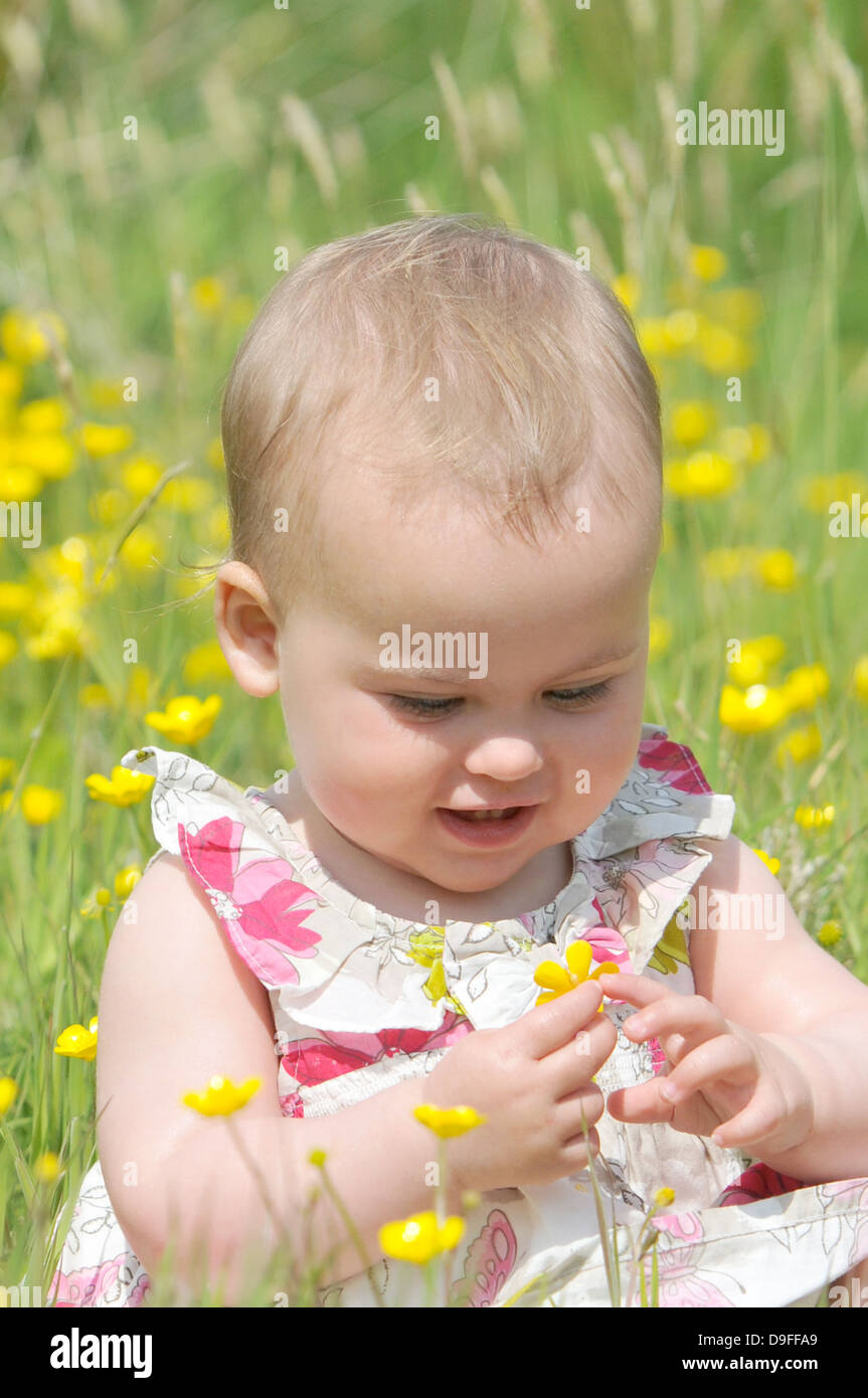 Baby sitting in field of buttercups Stock Photo - Alamy