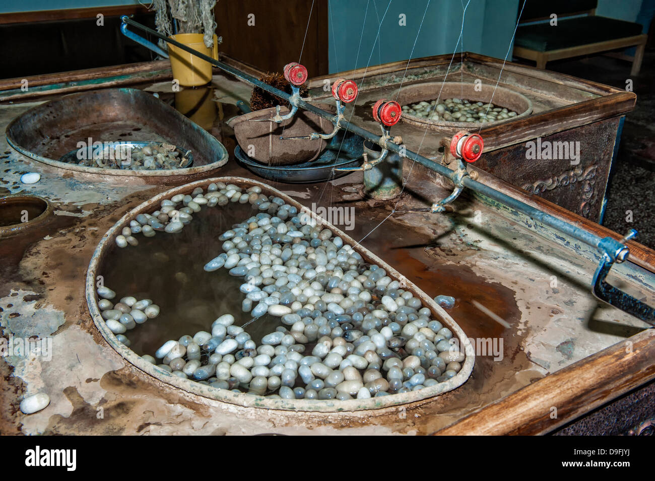 Extraction of silk filaments from cocoons in an alkaline bath ...