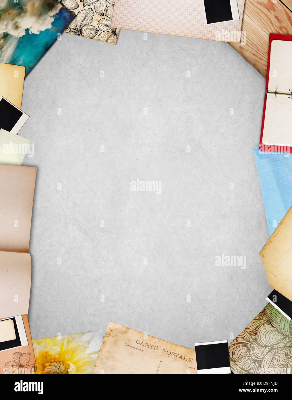 Frame made from old paper, vintage elements and instant photos ...