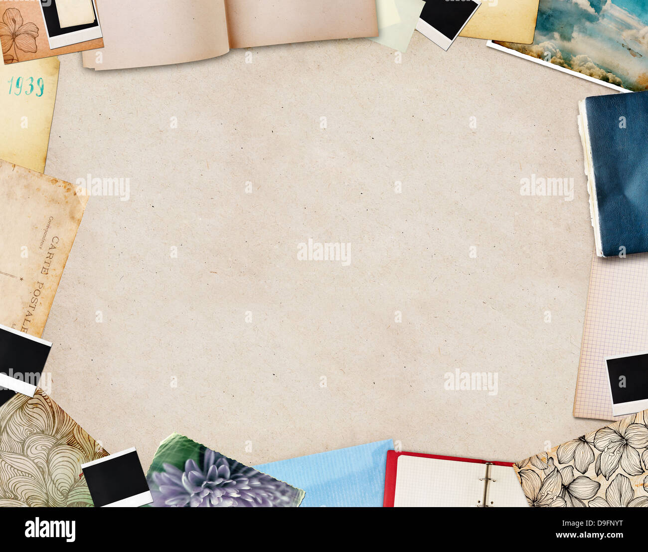 Frame made from old paper, vintage elements and instant photos ...