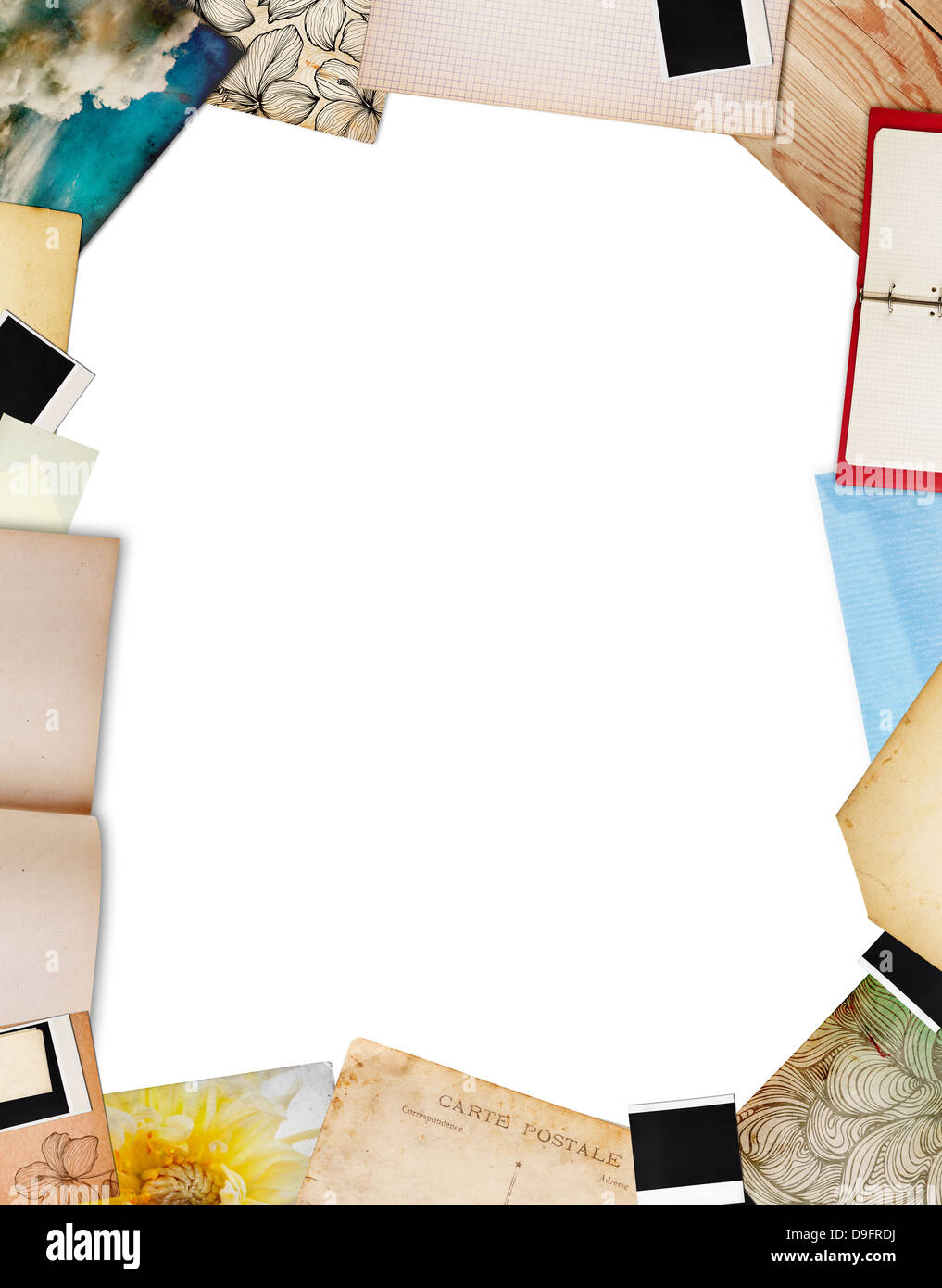 Frame made from old paper, vintage elements and instant photos Stock ...