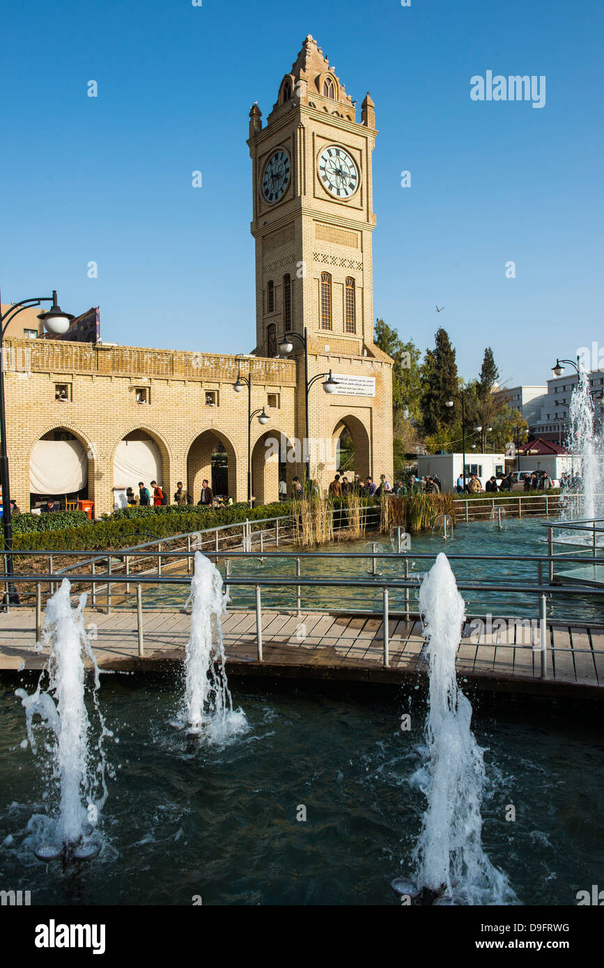Huge square with water fountains below the citadel of Erbil (Hawler ...