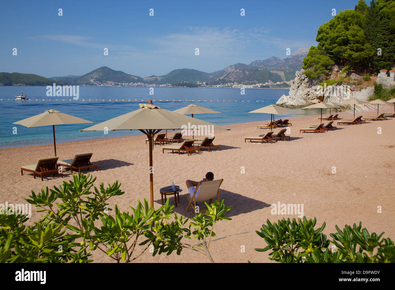 Beach scene, Sveti Stefan, Budva Bay, Budva Riviera, Montenegro Stock ...