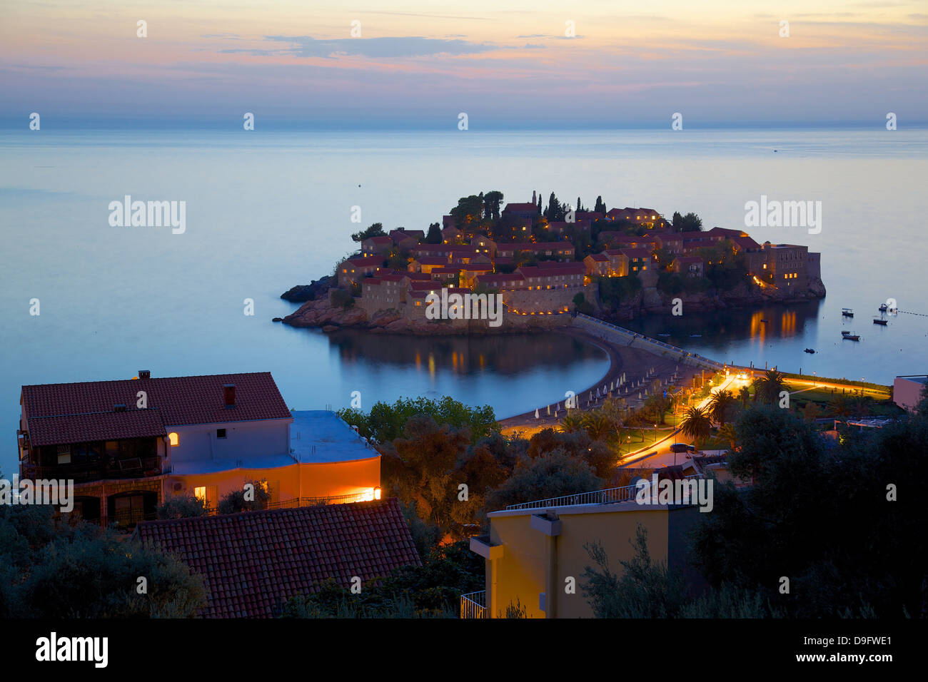 Sveti Stefan after sunset, Budva Bay, Budva Riviera, Montenegro Stock ...