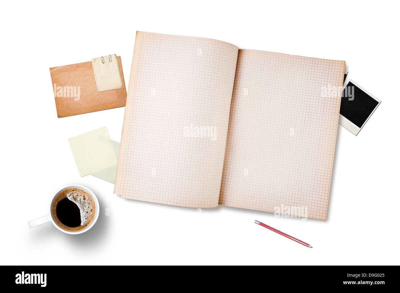 Workspace with coffee cup, note paper and notebook, isolated on white ...
