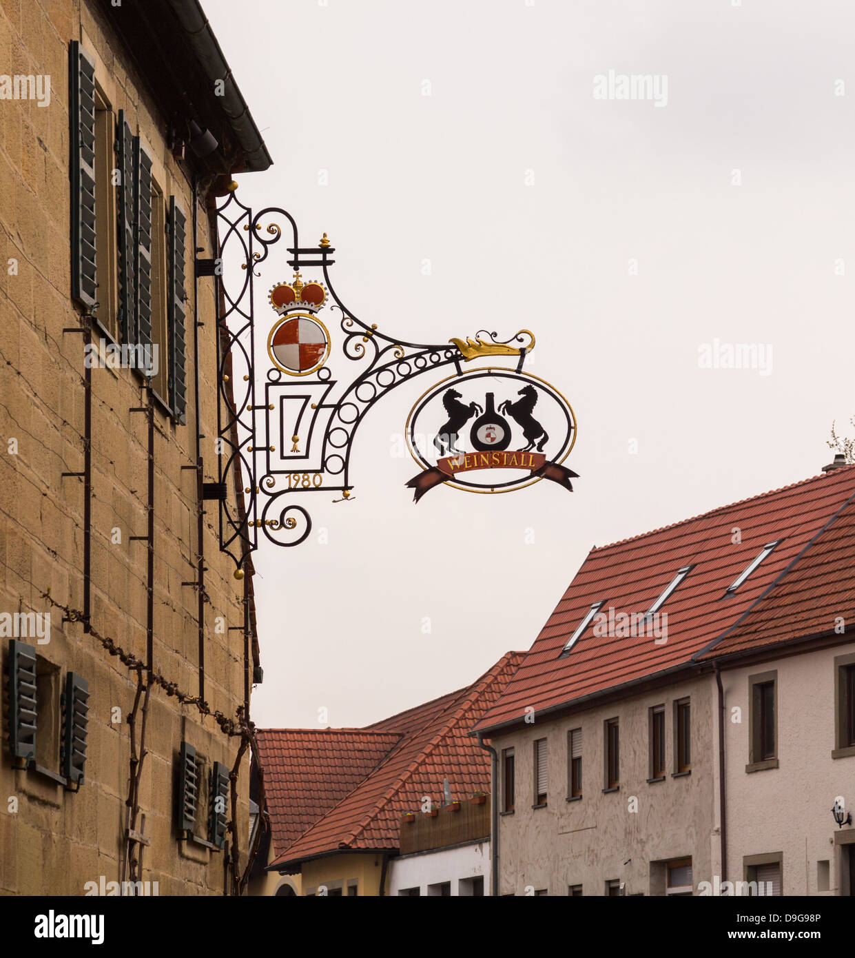 Bavarian village of Castell in Germany. The Weinstall restaurant and ...