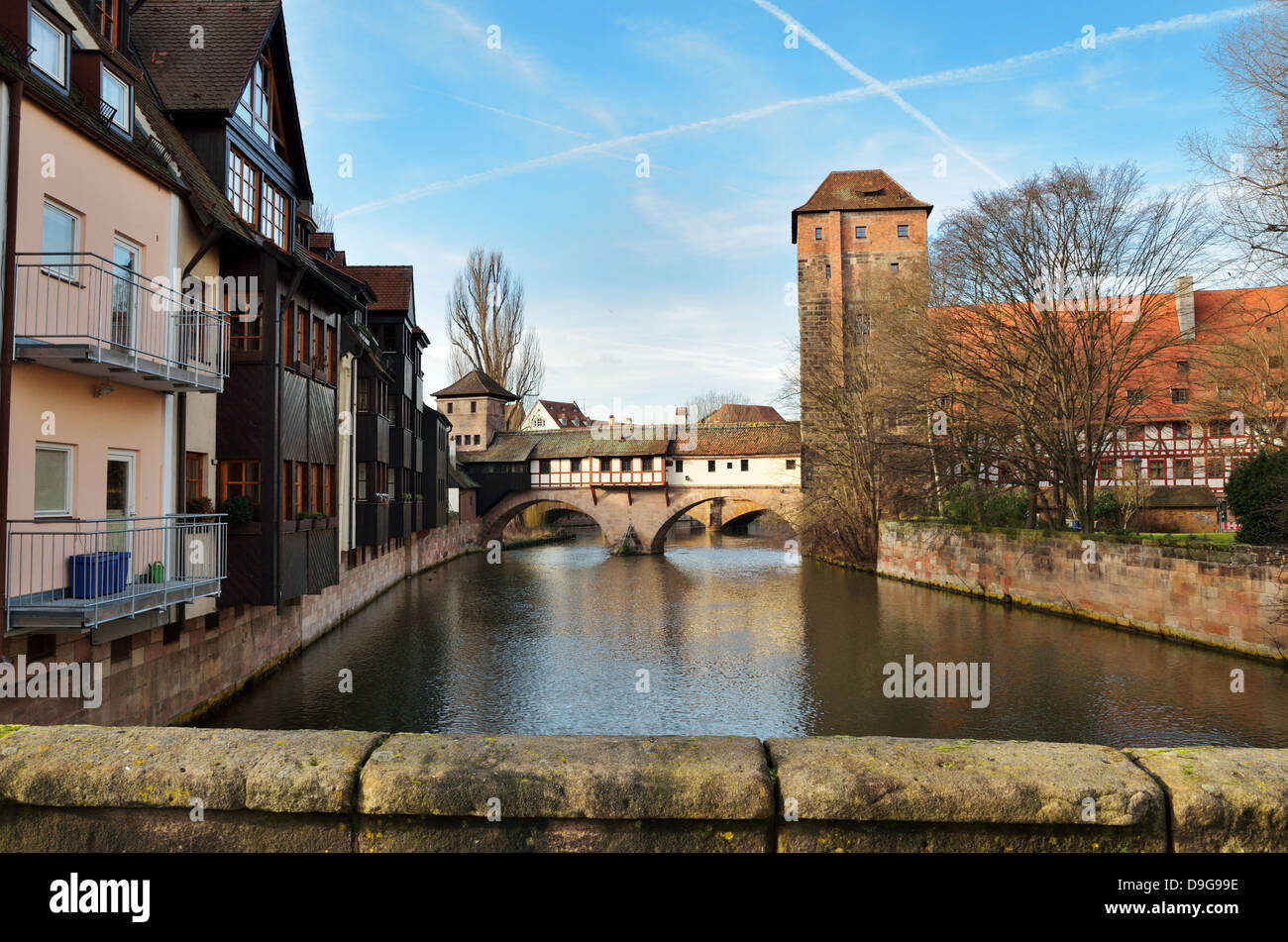 Pegnitz river with the Henkersteg bridge, Nuremberg, Bavaria, Germany ...