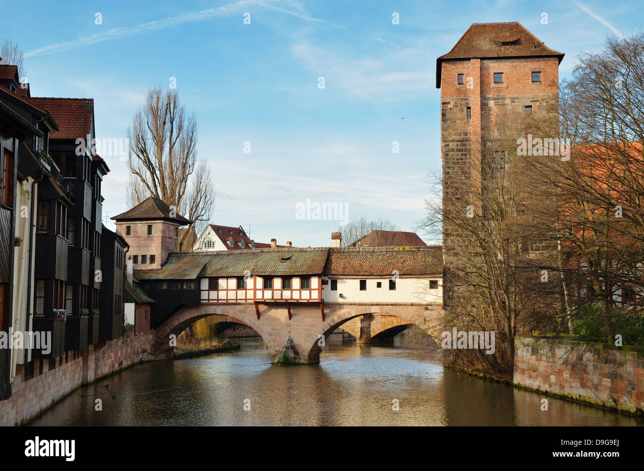 Pegnitz river with the Henkersteg bridge, Nuremberg, Bavaria, Germany ...
