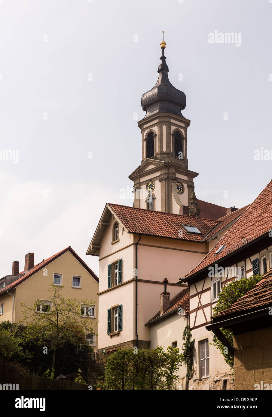 Views of the small german village of Castell with the lutheran church ...