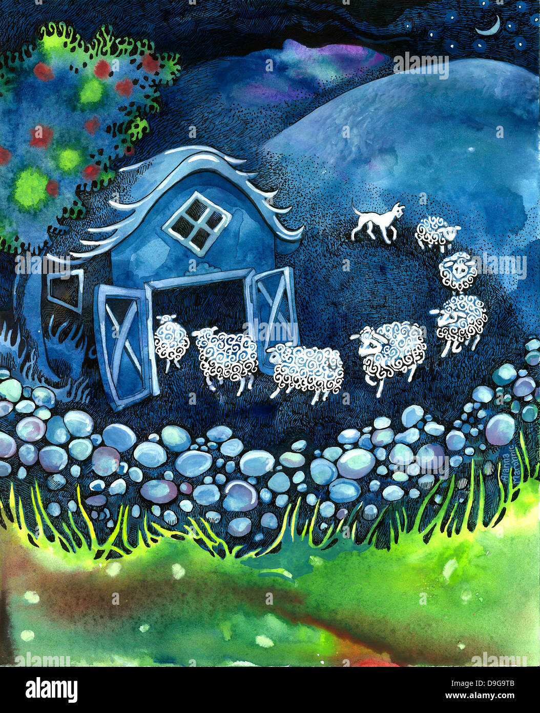 a dog encourages sheep into a barn on a moonlit night Stock Photo - Alamy