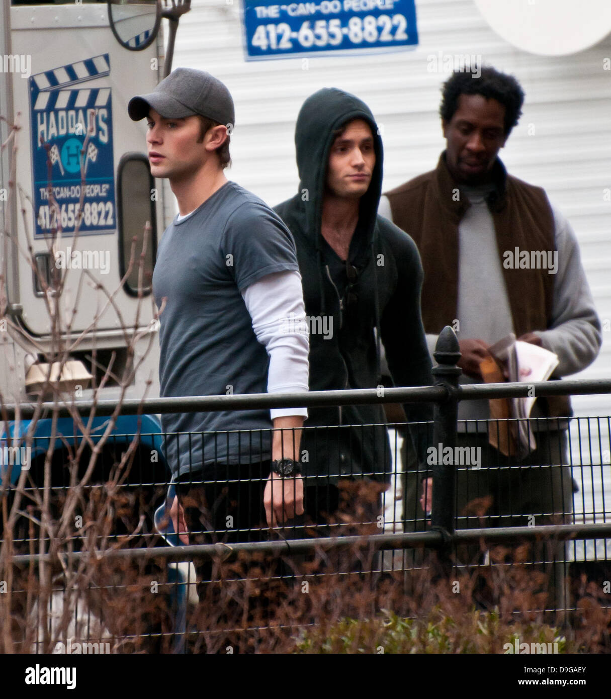 Chace Crawford and Penn Badgley on set during the last day of filming ...