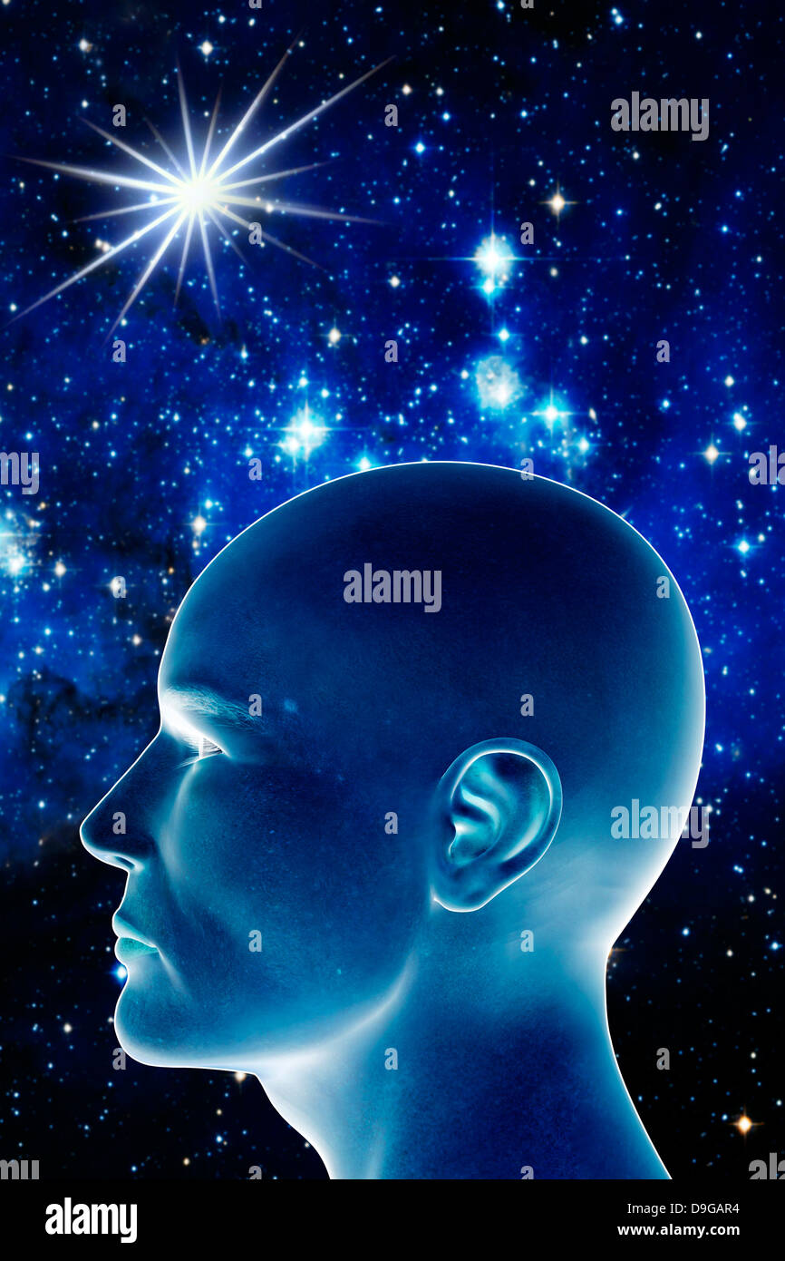 a male head in front of a starred space background Stock Photo - Alamy