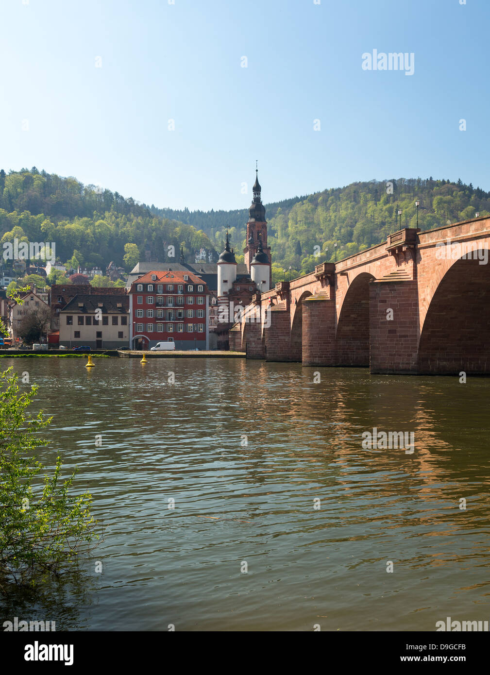 View across River Neckar towards town gate of Heidelberg in southern ...