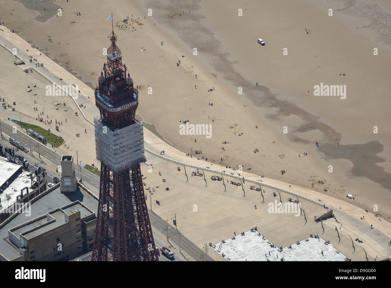 Aerial photograph of Blackpool Tower with the beach in the background ...