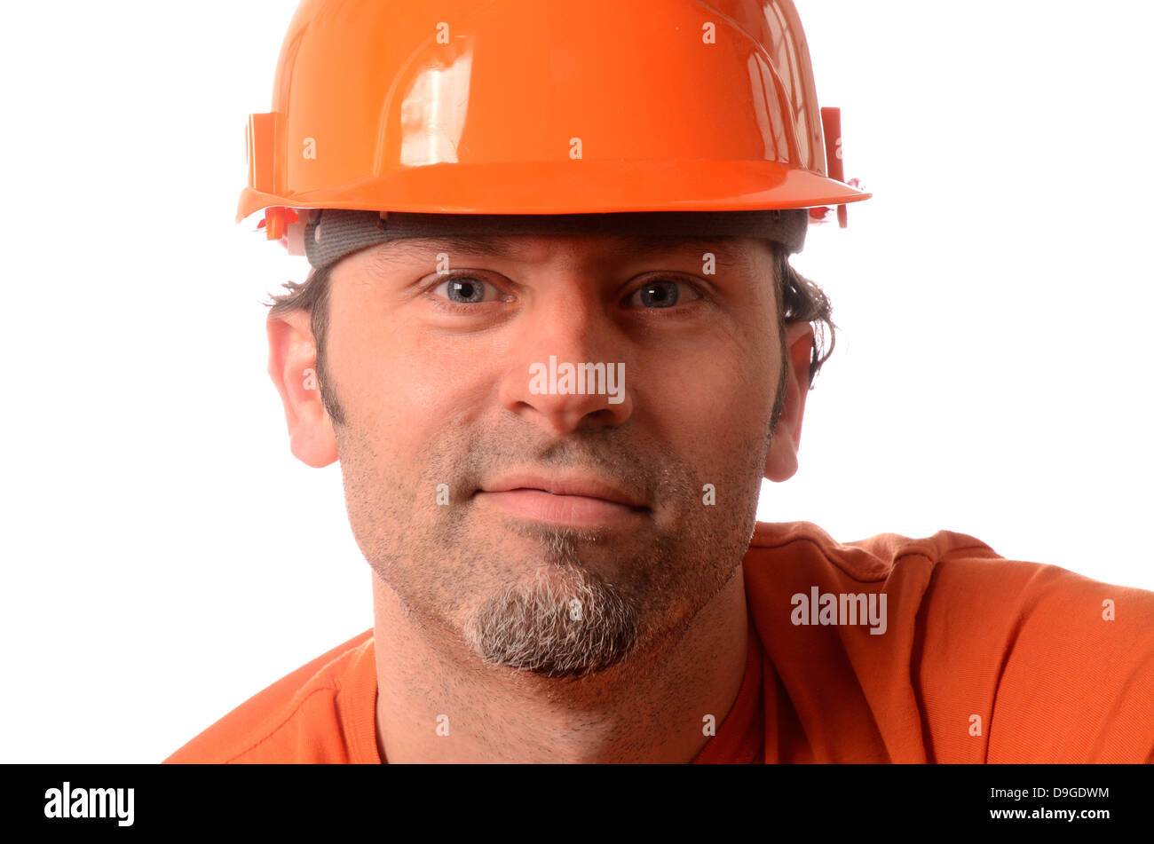Friendly construction worker on a white background Stock Photo - Alamy