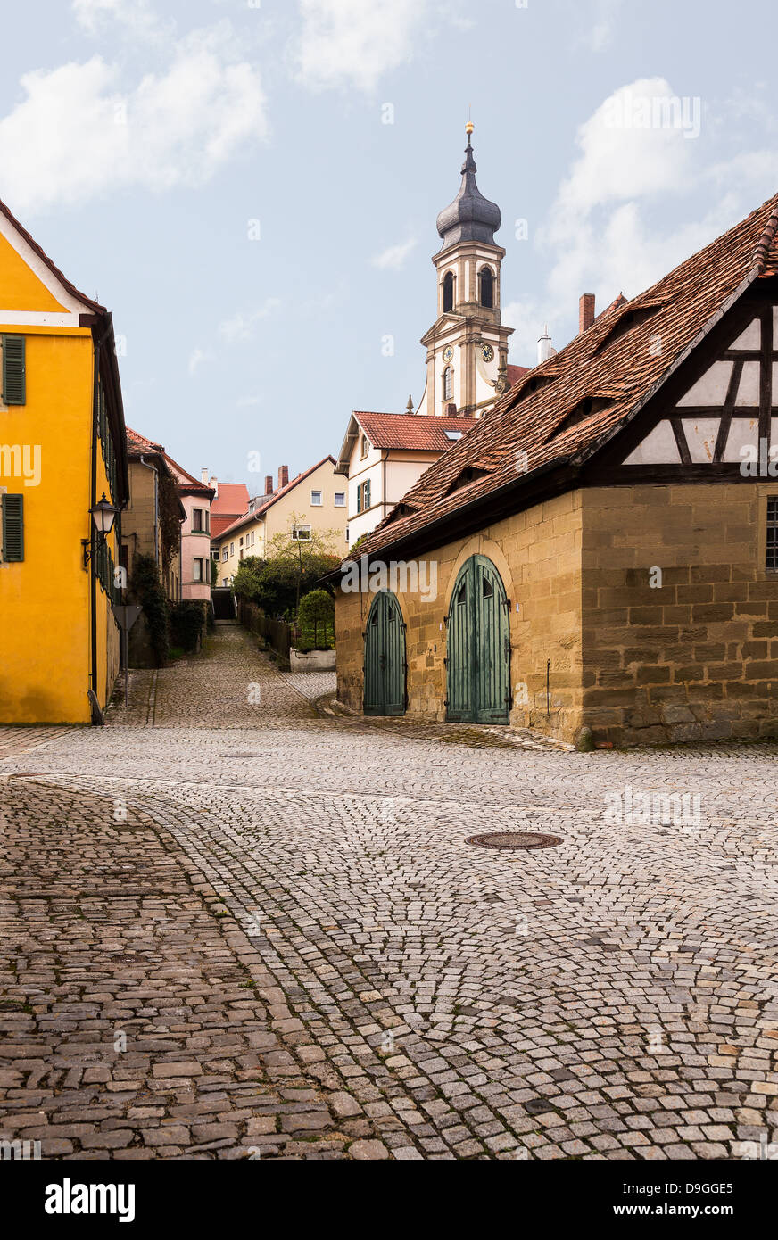 Town street cobbled lane in old German village or town of Castell with ...