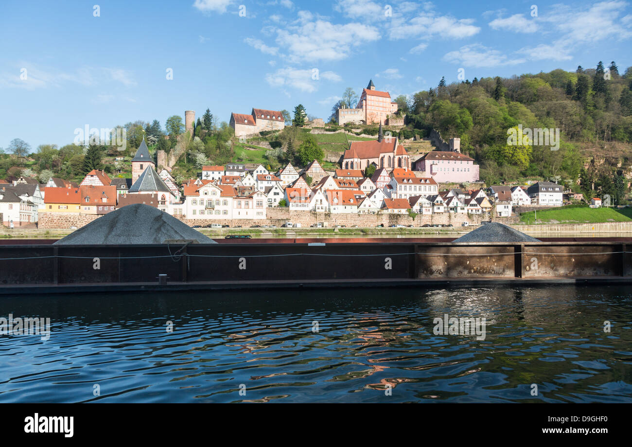 Barge on river in front of ancient town village of Hirschhorn in Hesse ...